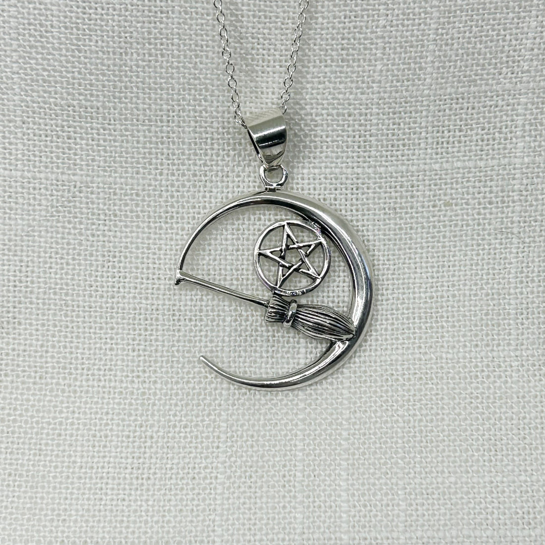 Sterling Silver Crescent Moon with Broomstick Necklace – Realm of the Witch