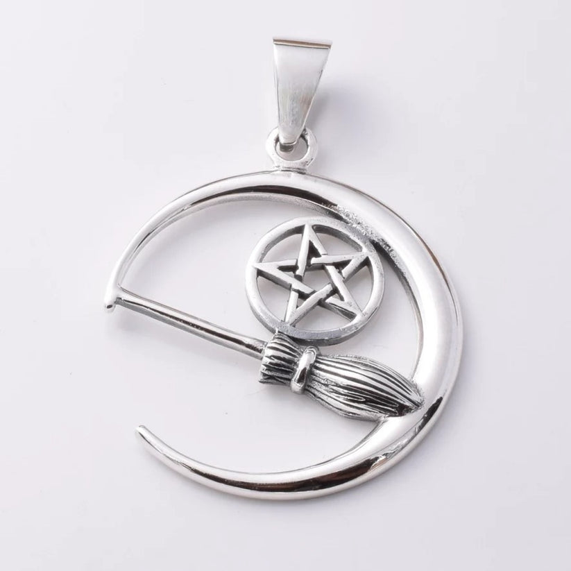 Sterling Silver Crescent Moon with Broomstick Necklace – Realm of the Witch